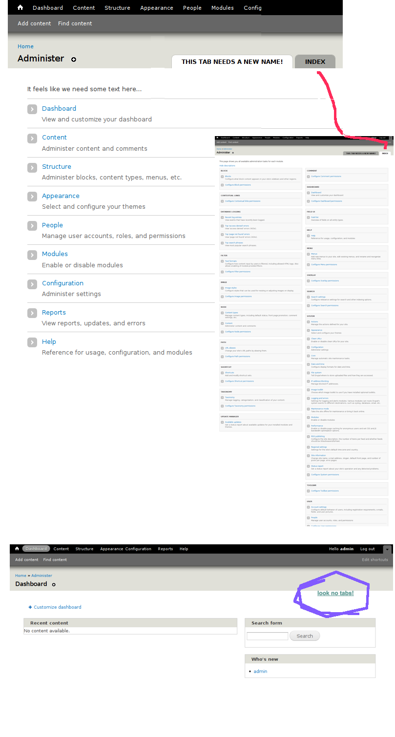 admin/by-task is confusing since it lacks links to config pages and looks similar to admin ...