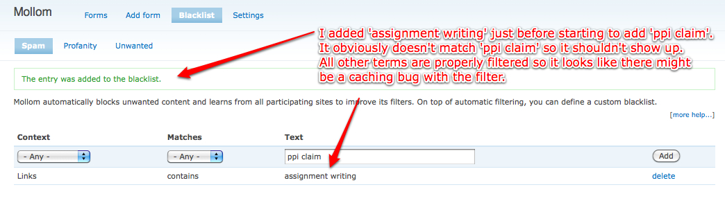 Blacklist filter caching bug when adding multiple terms [#929396] | Drupal.org