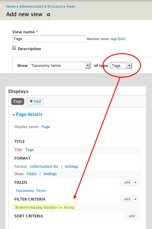 broken/missing handler when creating a taxonomy term view limited to one vocabulary [#1100848 ...