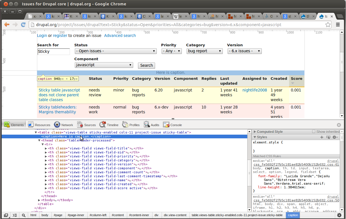 Sticky headers wrong behavior in case a table has caption. [#1882072] | Drupal.org